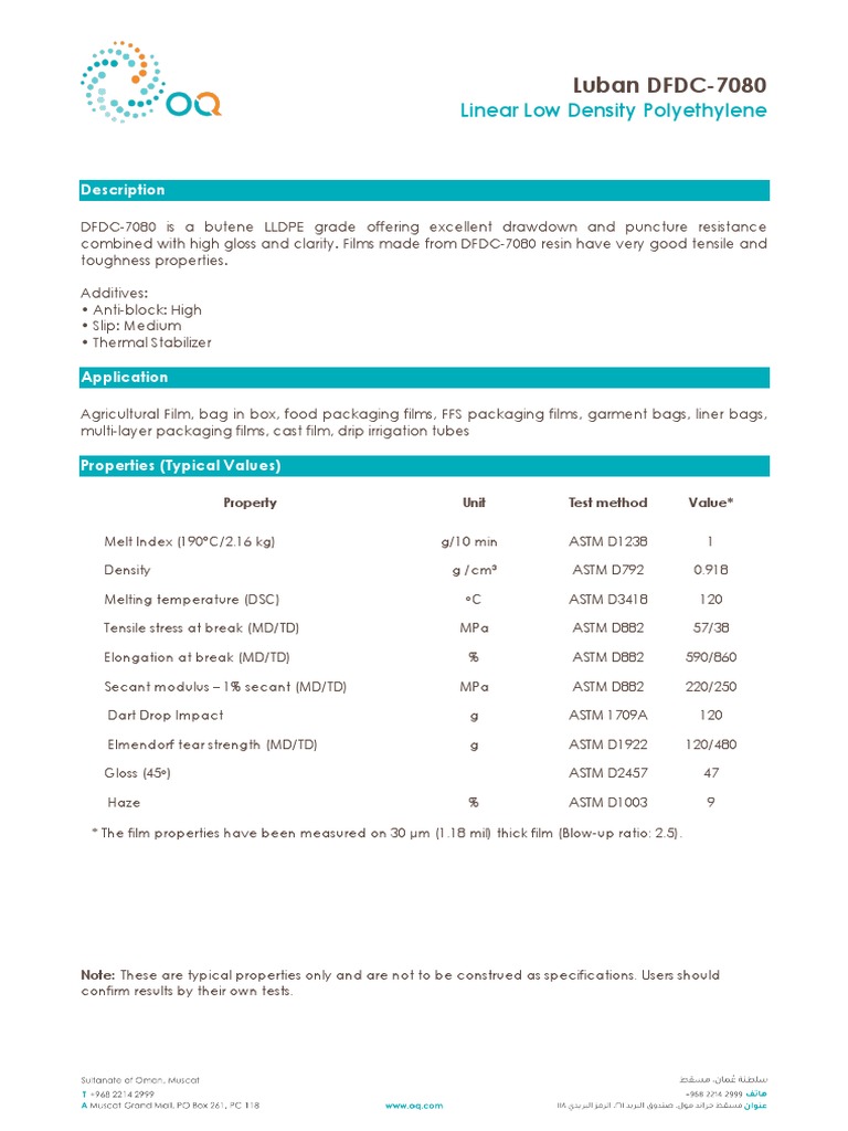 Luban DFDC-7080: Linear Low Density Polyethylene | PDF | Materials ...