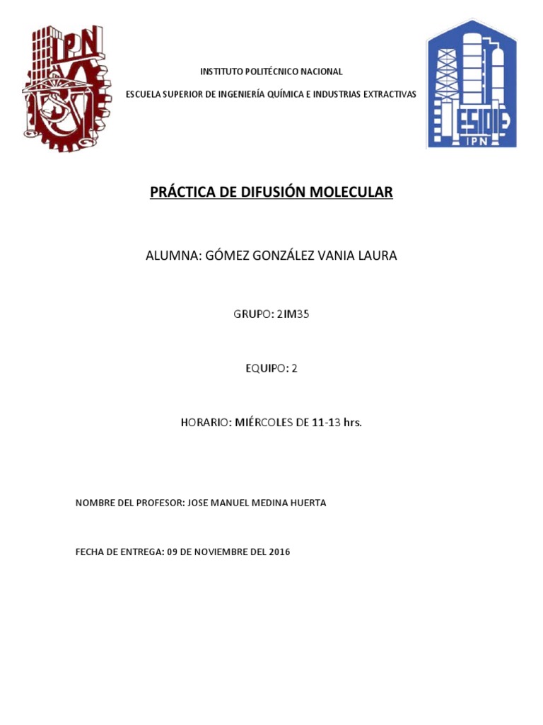 Practica de Difusion Molecular ESIQIE FFT | PDF | Electrólito | Difusión Practica de Difusion Molecular ESIQIE FFT | PDF | Electrólito | Difusión