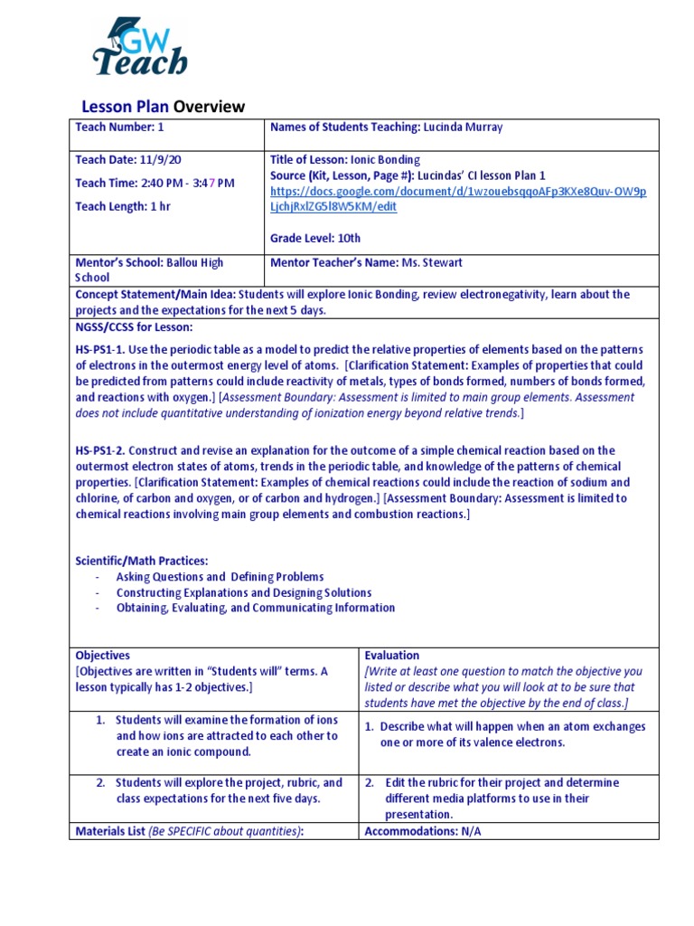 Lesson Plans | PDF | Chemical Reactions | Chemical Bond