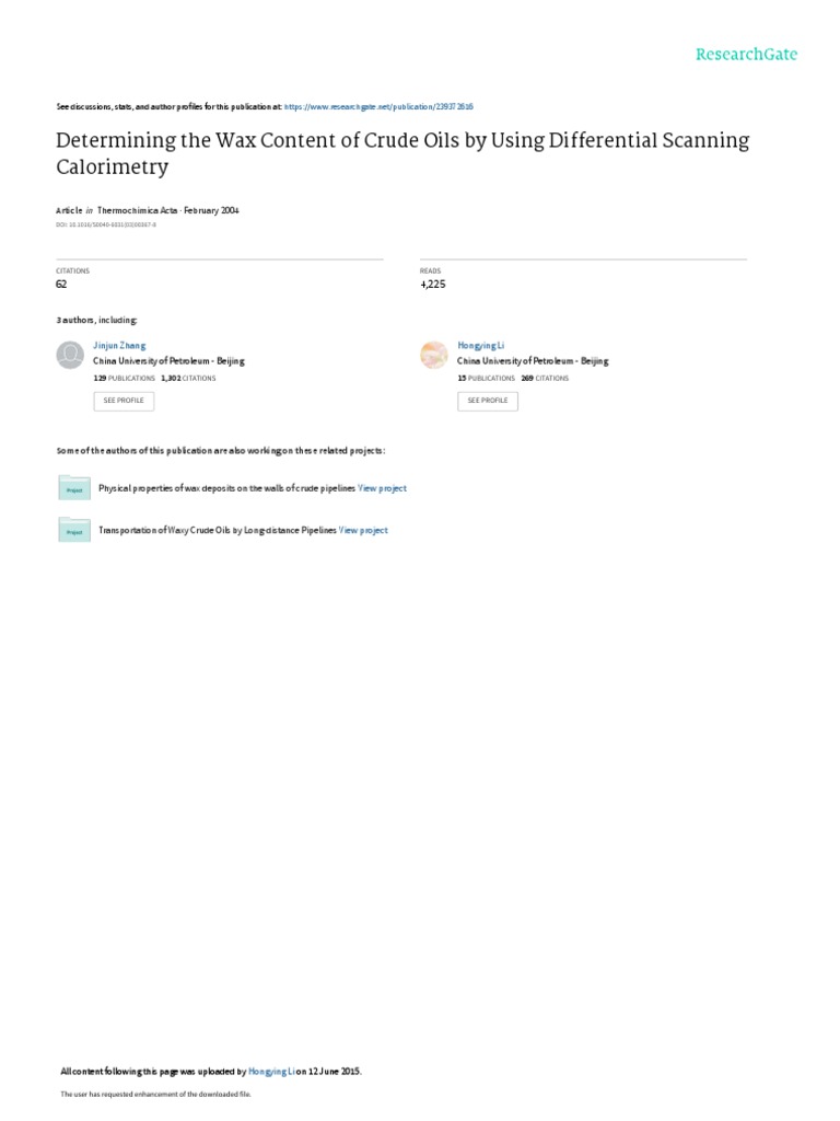 Determining The Wax Content of Crude Oils by Using PDF | PDF ...