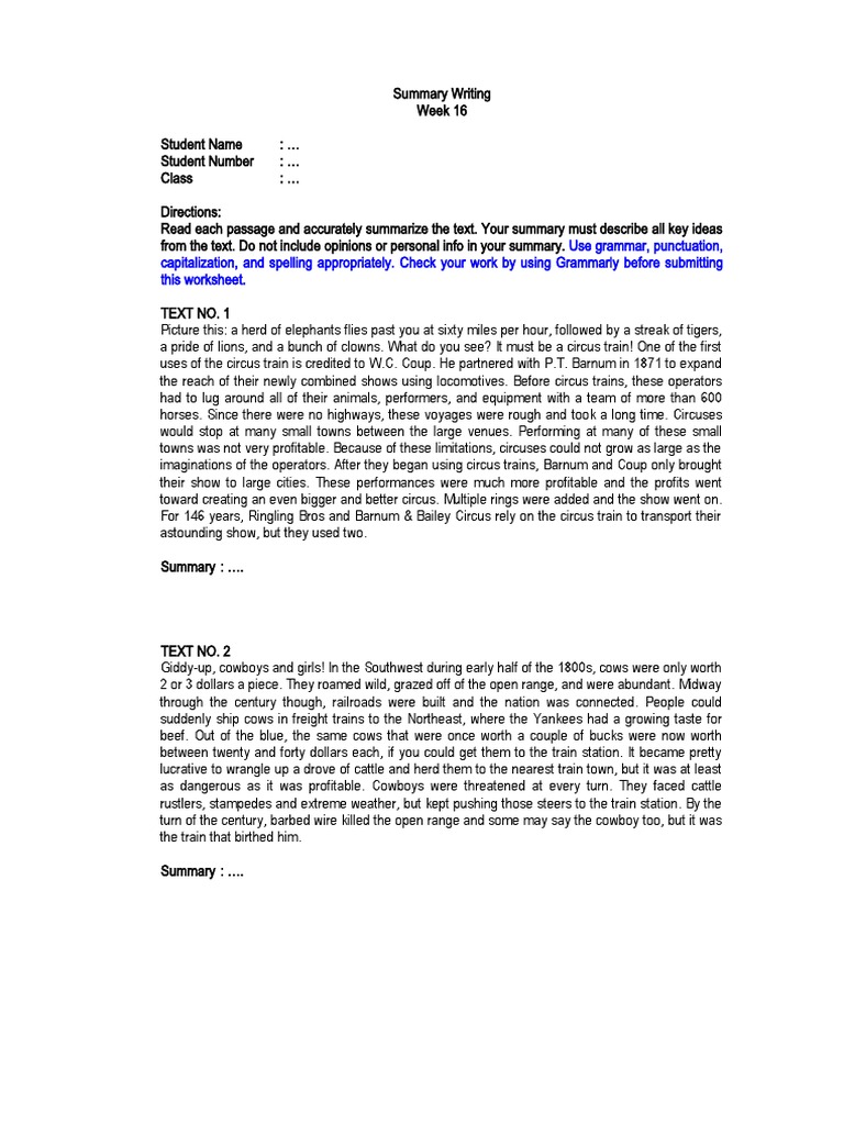 Summary Writing Task Week 16 | PDF | Ringling Bros. And Barnum & Bailey Circus | Circus