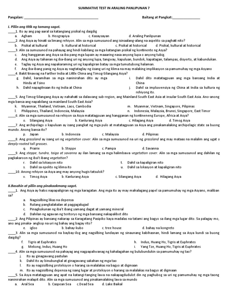 Summative Test in Ap 7 Q1 | PDF