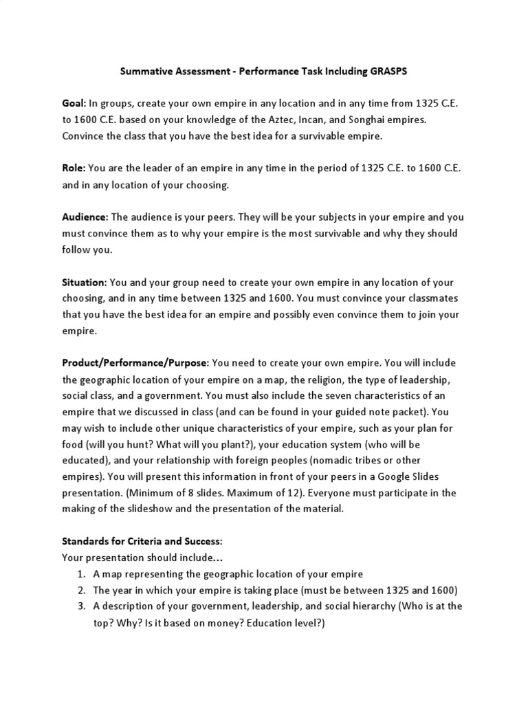 Summative Assessment - Performance Task Including Grasps | PDF | Behavior Modification ...