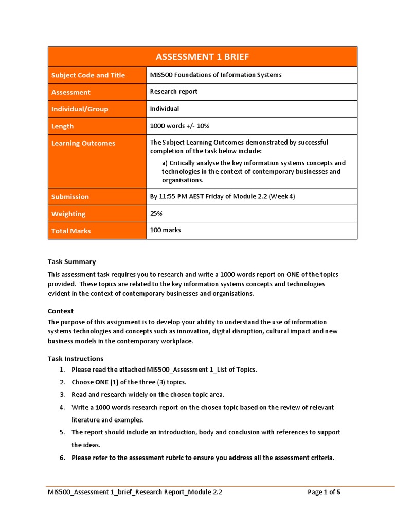 MIS500 Assessment 1 Brief - Essay | PDF | Concept | Argument