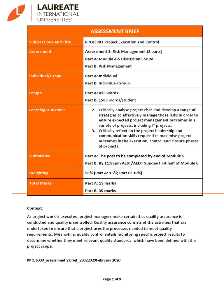 PROJ6003 - Assessment 2 Brief - 29022020 PDF | PDF | Project Management ...