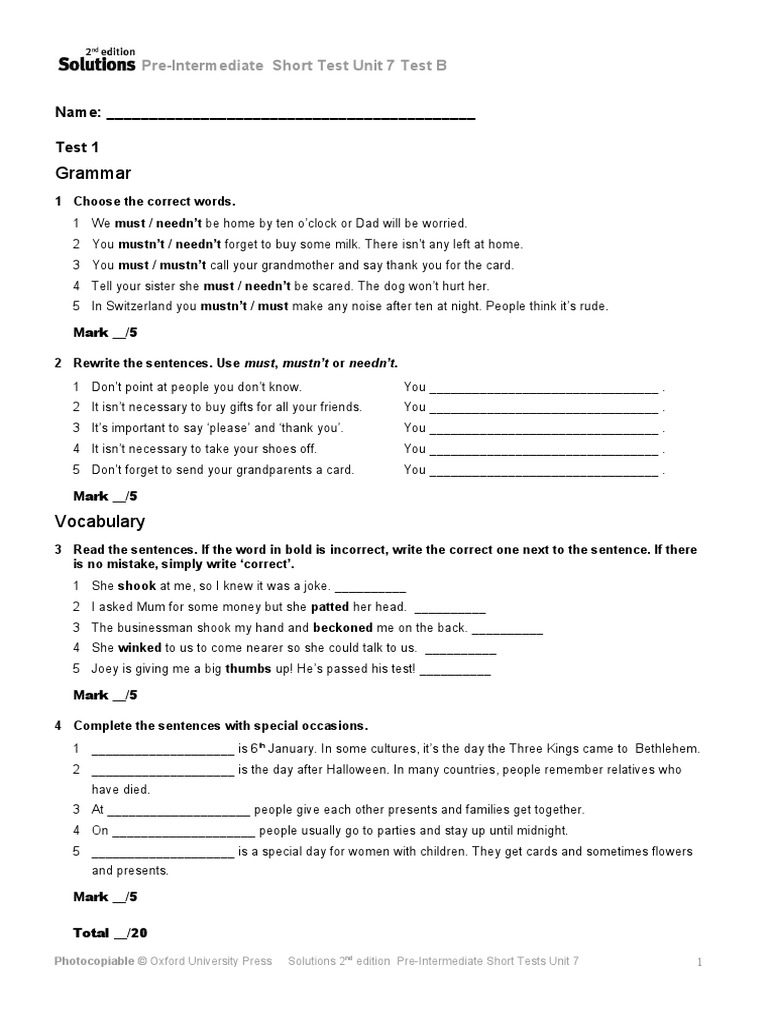 Grammar: Pre-Intermediate Short Test Unit 7 Test B | PDF | Language ...