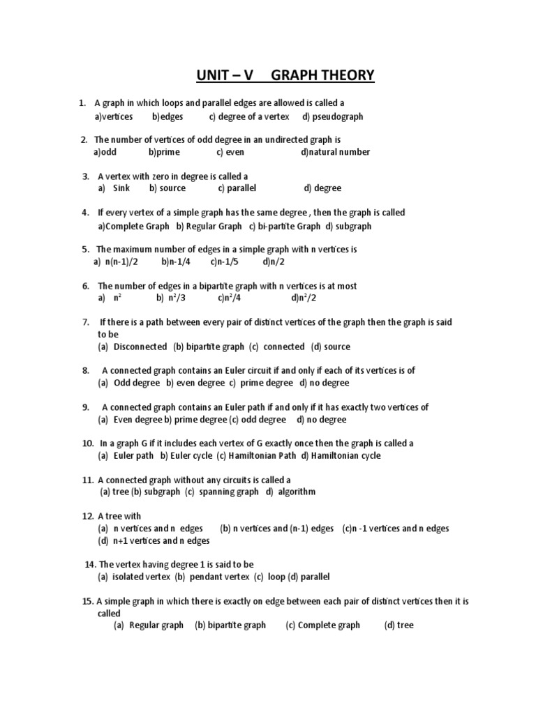 MCQs Unit 5 Graph Theory | PDF | Vertex (Graph Theory) | Combinatorics