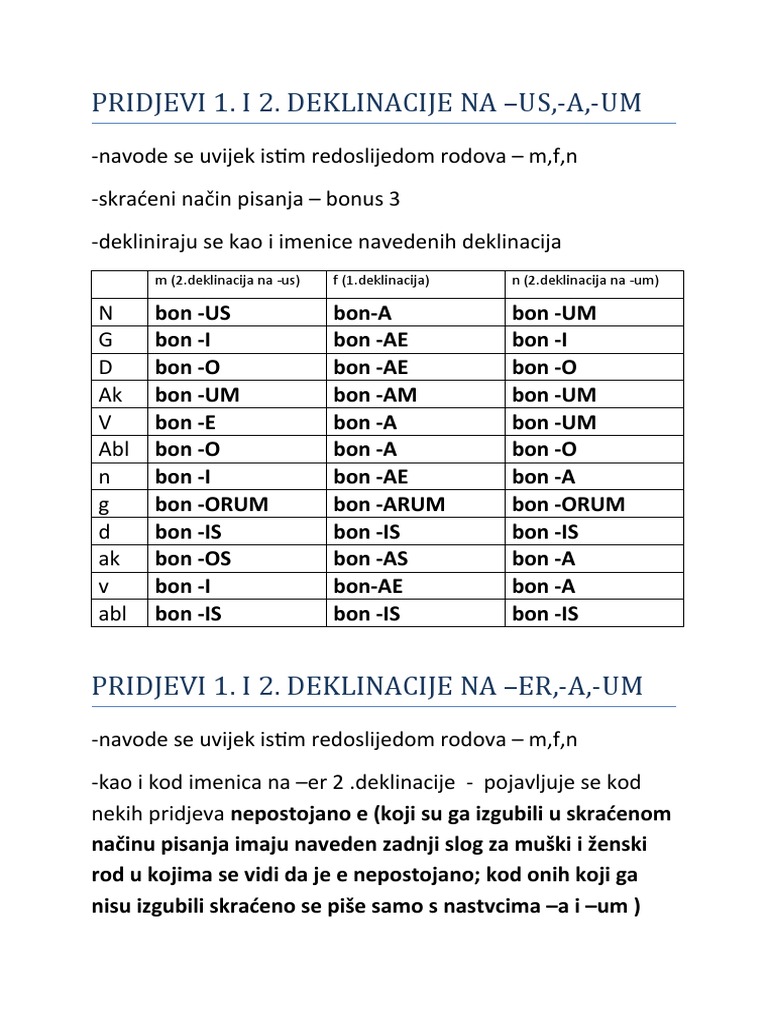 PRIDJEVI 1 I 2 Deklinacije BT | PDF