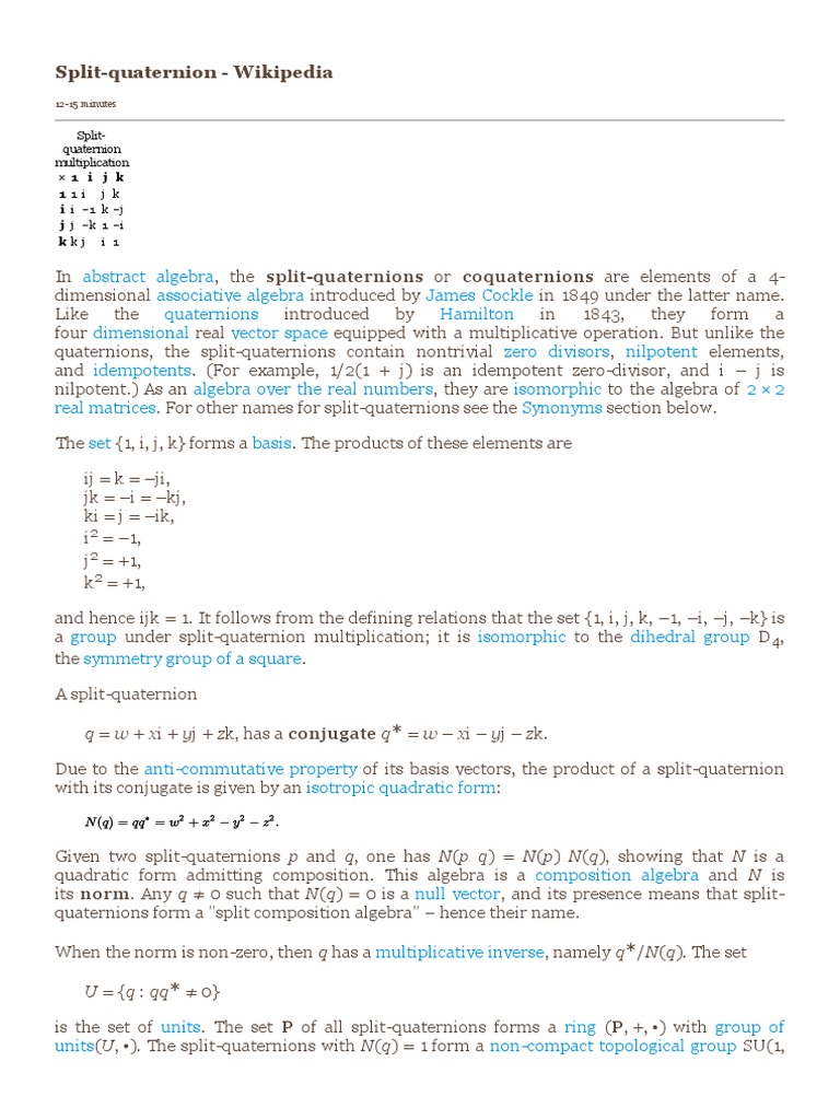 Split-Quaternion - Wikipedia: Q W + Xi + Yj + ZK, Has A Conjugate Q ...