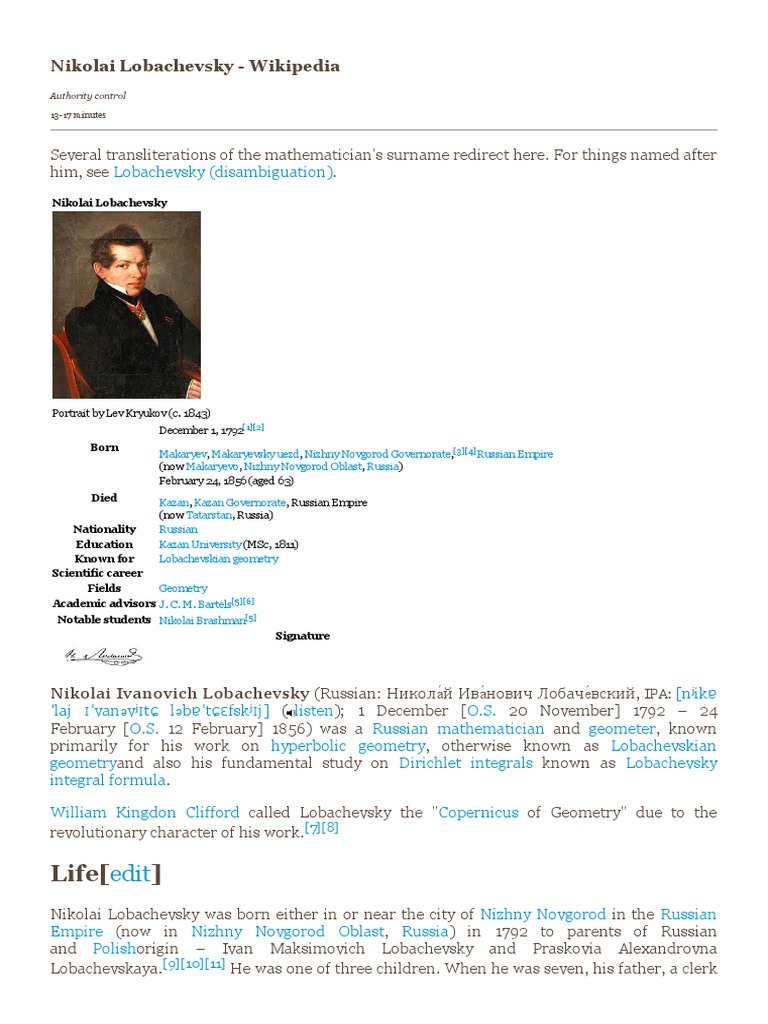 Life : Nikolai Lobachevsky - Wikipedia | PDF | Geometry | Teaching ...