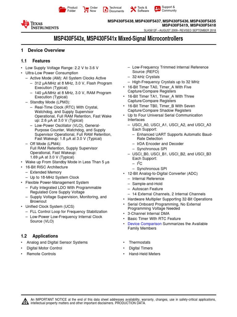 MSP430F543x, MSP430F541x Mixed-Signal Microcontrollers: 1 Device Overview | PDF | Analog To ...