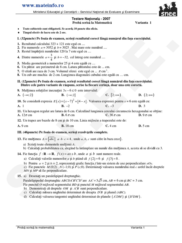 100 Variante - Testare Nationala 2007 PDF | PDF