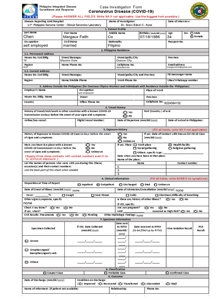 DOH PIDSR COVID-19 CIF Template | PDF | Common Cold | Immunology