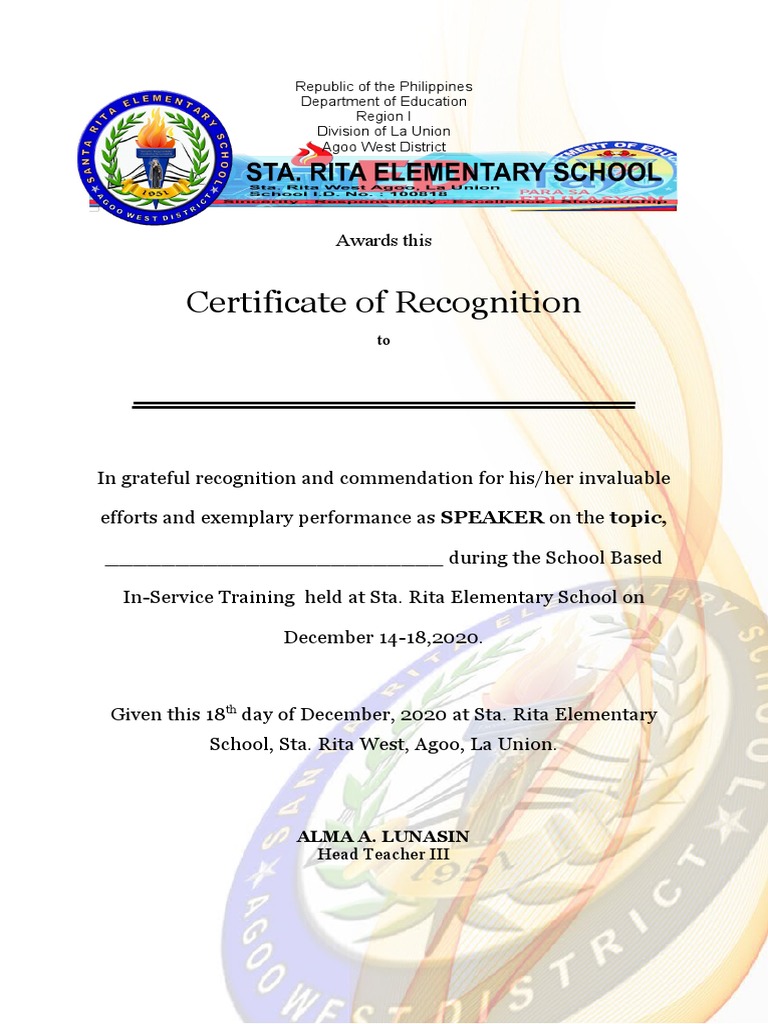 Certificate of Recognition School Based - INSET | PDF
