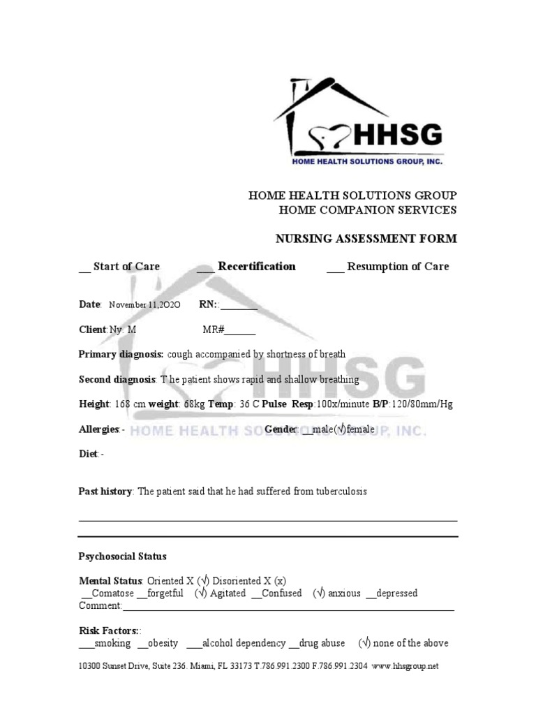 Home Health Solutions Group Home Companion Services: Nursing Assessment ...