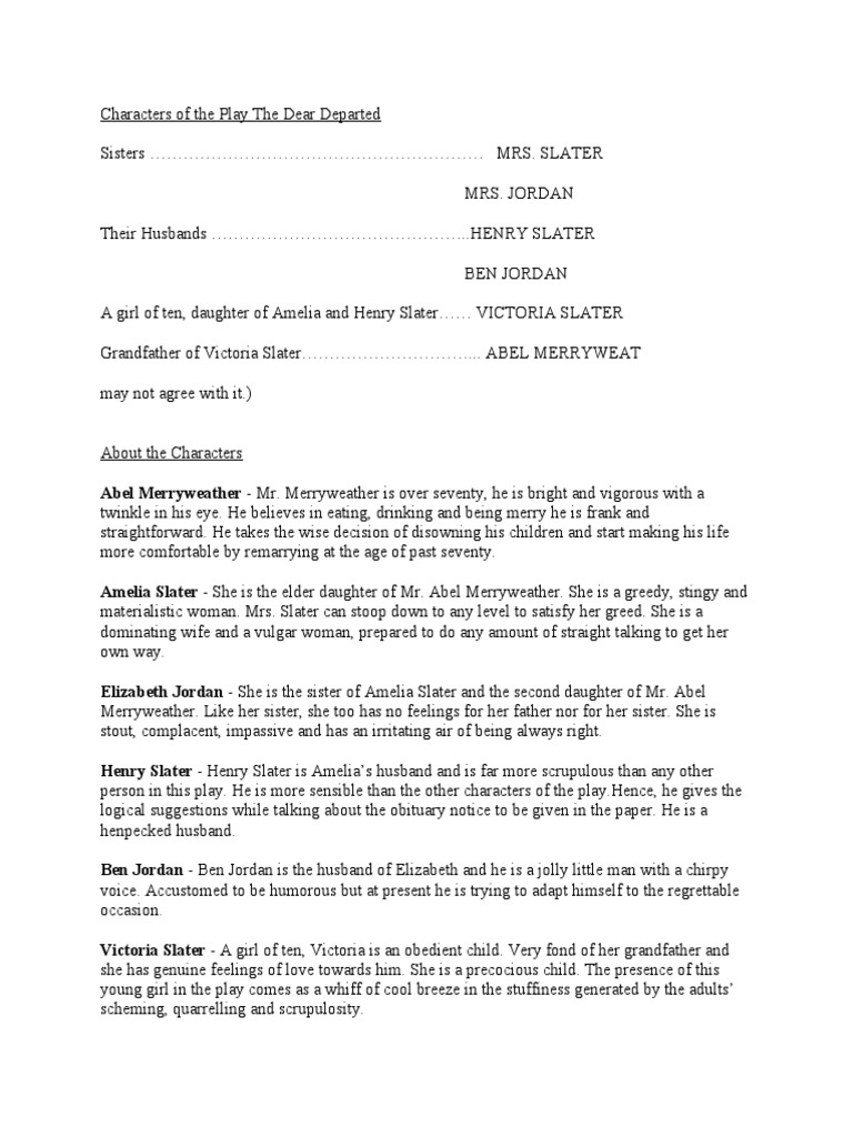Characters of The Play The Dear Departed | PDF