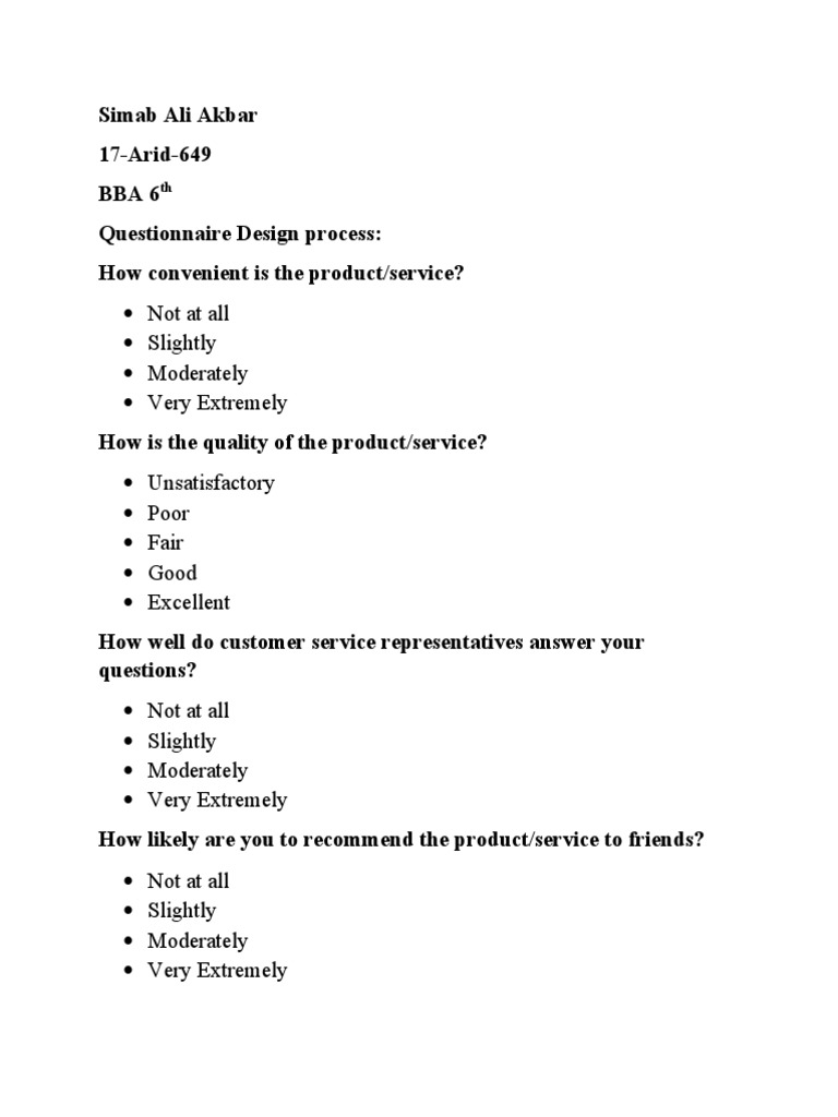 Not at All Slightly Moderately Very Extremely Unsatisfactory Poor Fair ...