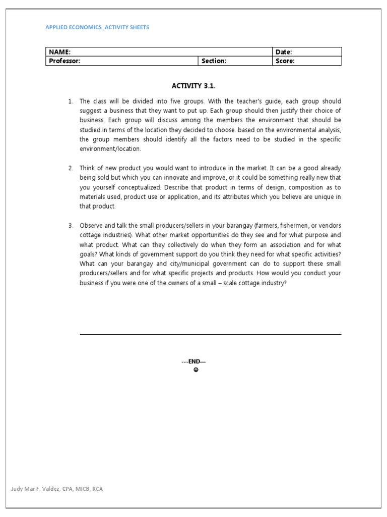 Applied Economics Activity Sheets | PDF