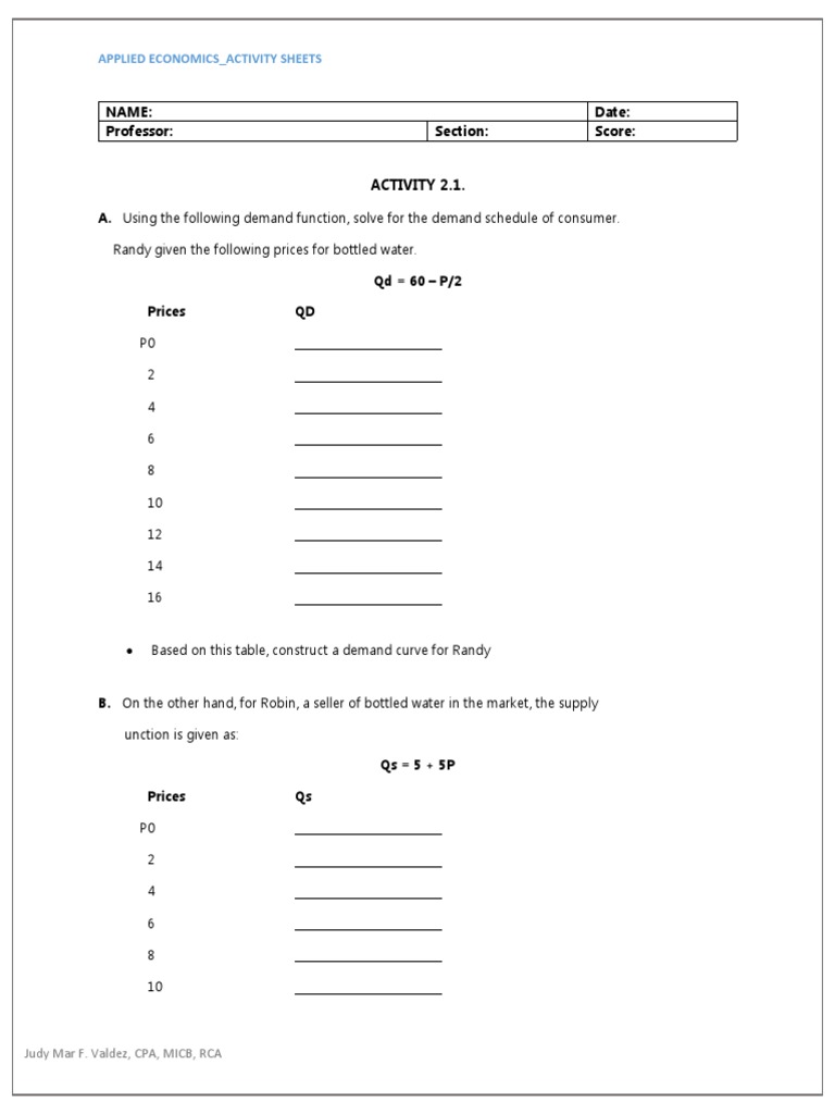 Name: Date: Professor: Section: Score:: Applied Economics - Activity ...