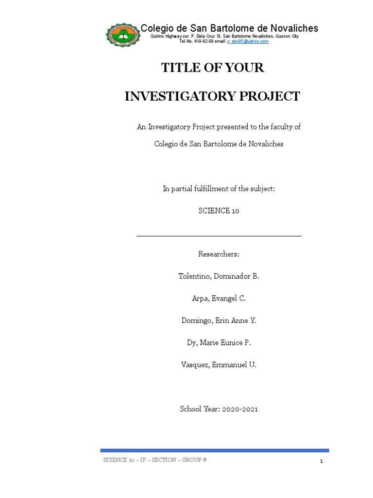 Title of Your Investigatory Project: Colegio de San Bartolome de ...