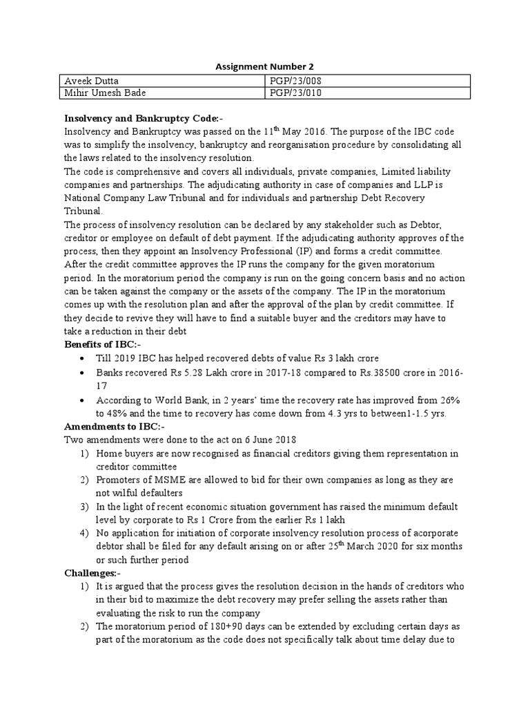 Assignment 2 Insolvency and Bankruptcy Code | PDF | Bankruptcy | Civil ...