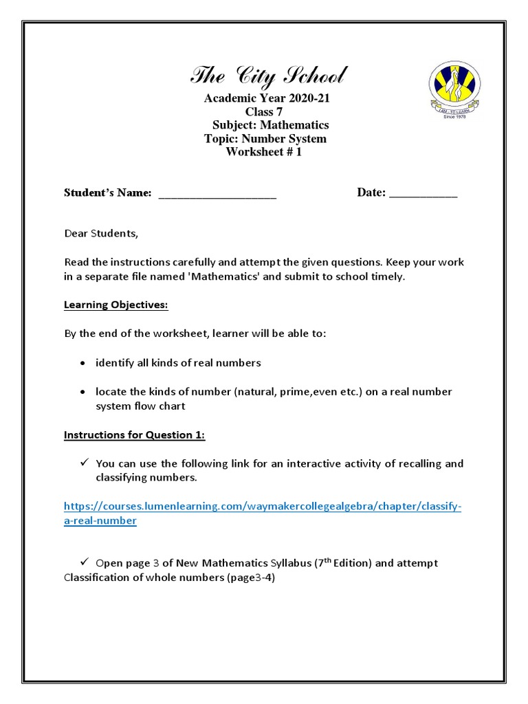 Class 7 Number System Worksheet | PDF | Numbers | Teaching Mathematics