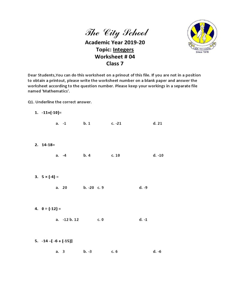 Class 7 Worksheet 04 PDF | PDF