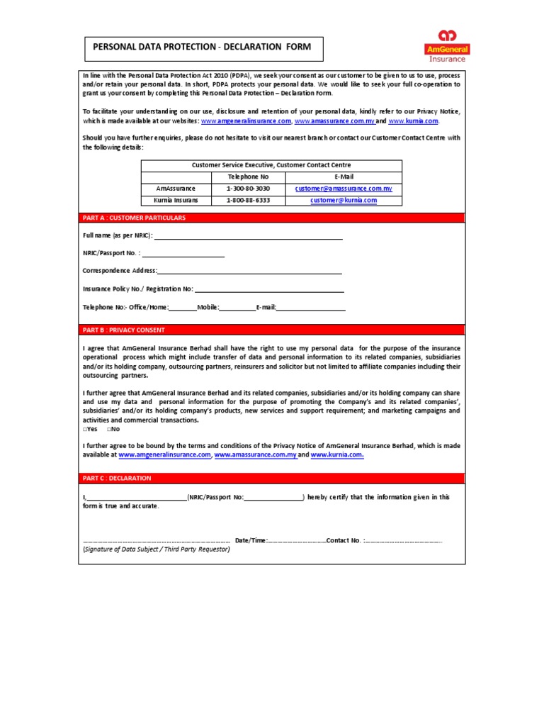 Personal Data Protection - Declaration Form: Part A: Customer ...