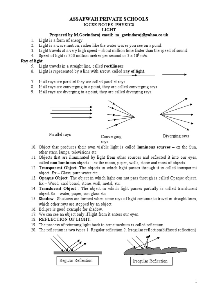 IGCSE Light Worksheet | PDF | Reflection (Physics) | Optics