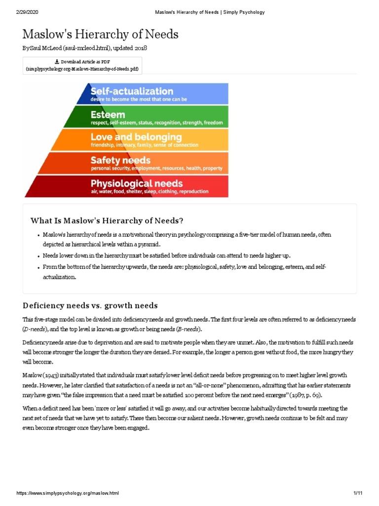 Maslow's Hierarchy of Needs - Simply Psychology | PDF | Self ...