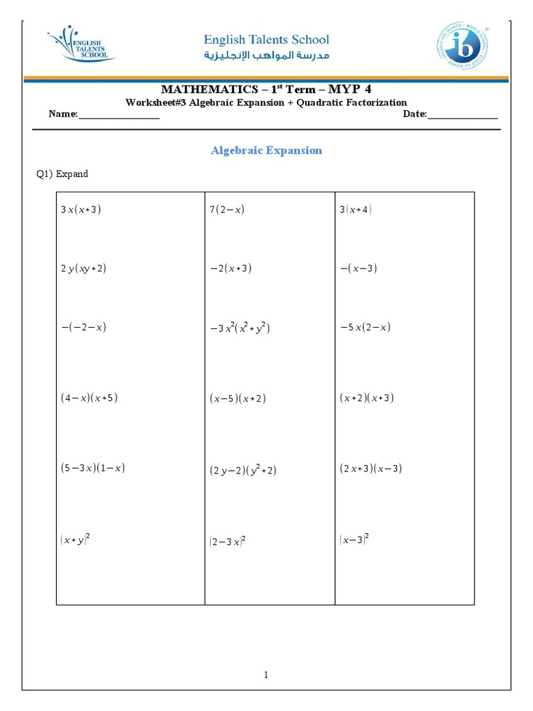 Grade 9 Algebraic Expansion Worksheet | PDF | Algebra | Teaching ...