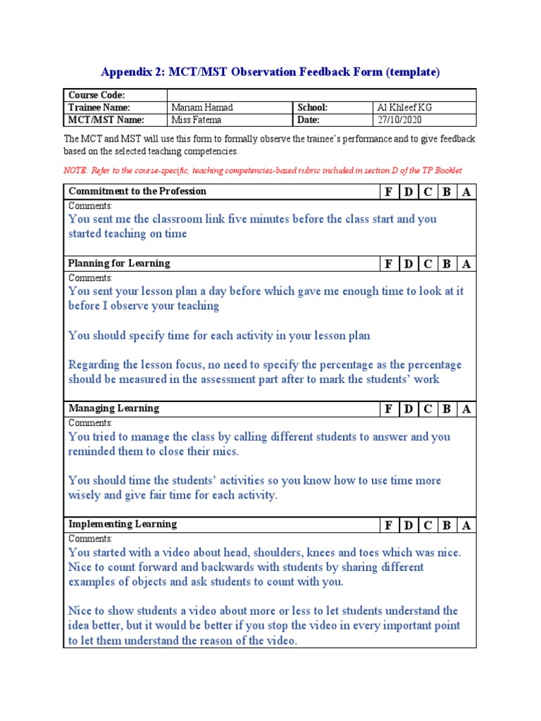 Appendix 2: MCT/MST Observation Feedback Form (Template) : Commitment ...