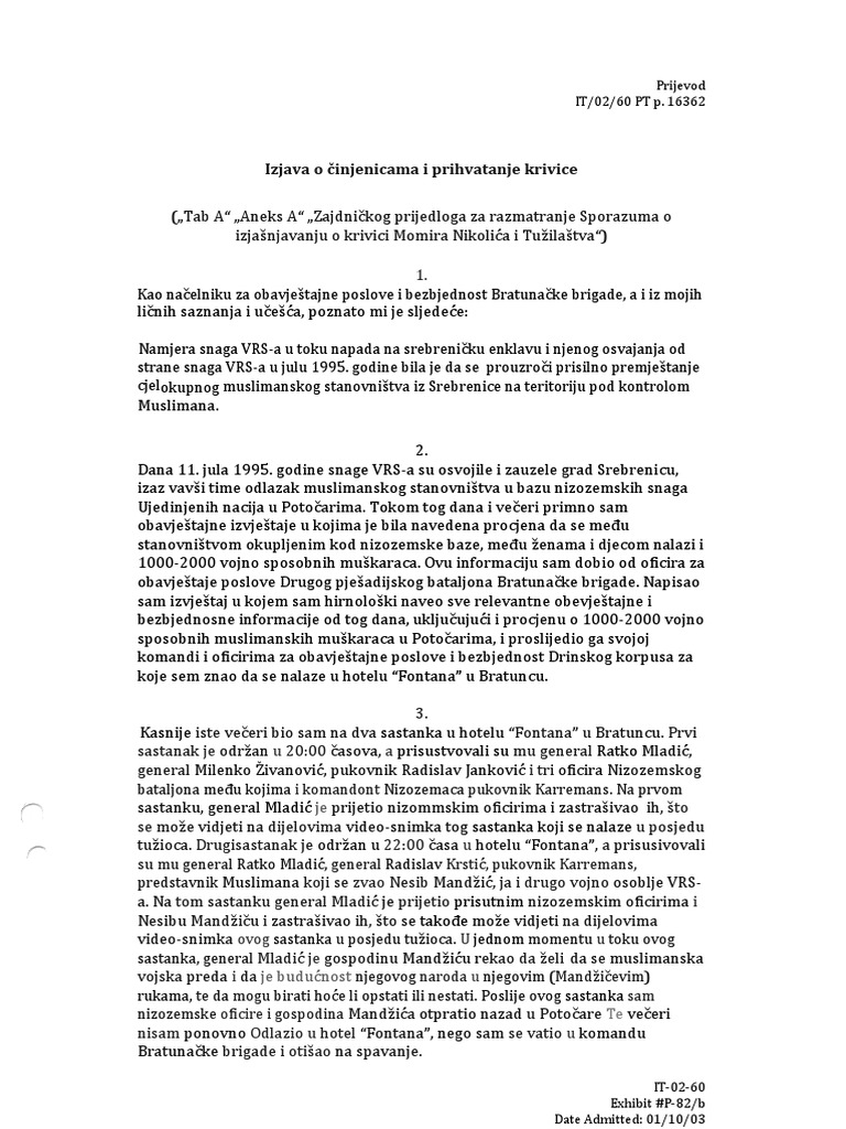 Izjava o Cinjenicama I Prihvatanje Krivice (Momir Nikolic) | PDF