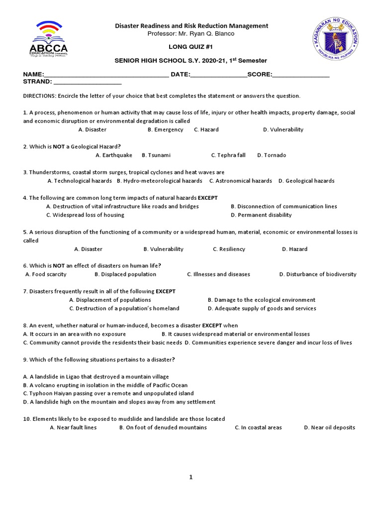 Long Quiz #1: Disaster Readiness and Risk Reduction Management | PDF ...