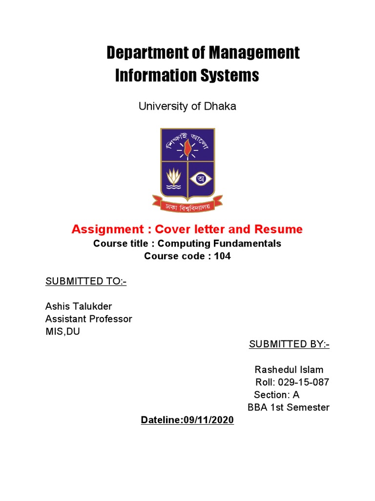 Department of Management Information Systems: Assignment: Cover Letter ...