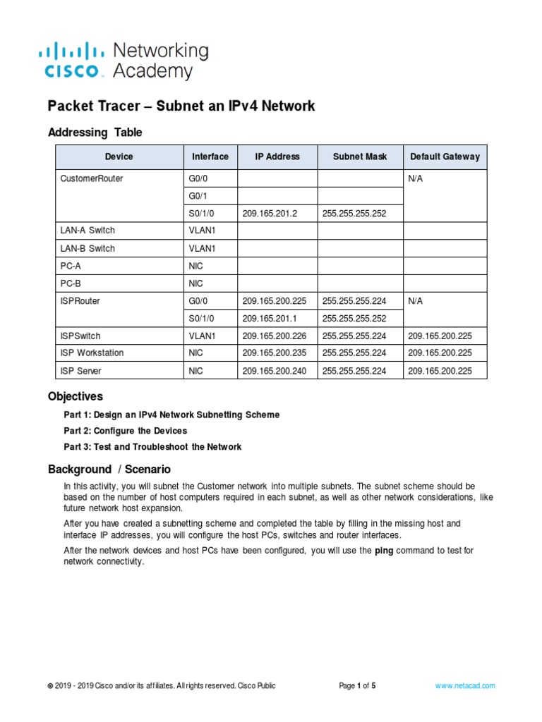 Packet Tracer - Subnet An Ipv4 Network: Addressing Table | PDF | Ip ...