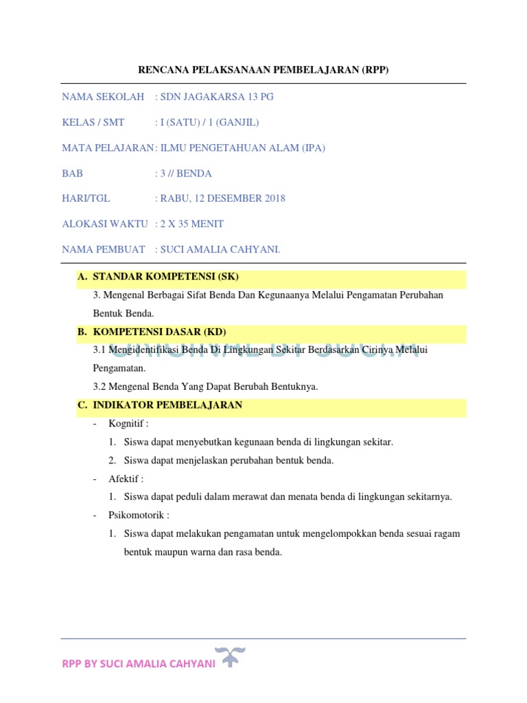 Contoh RPP IPA Kelas 1 SD MI PDF | PDF