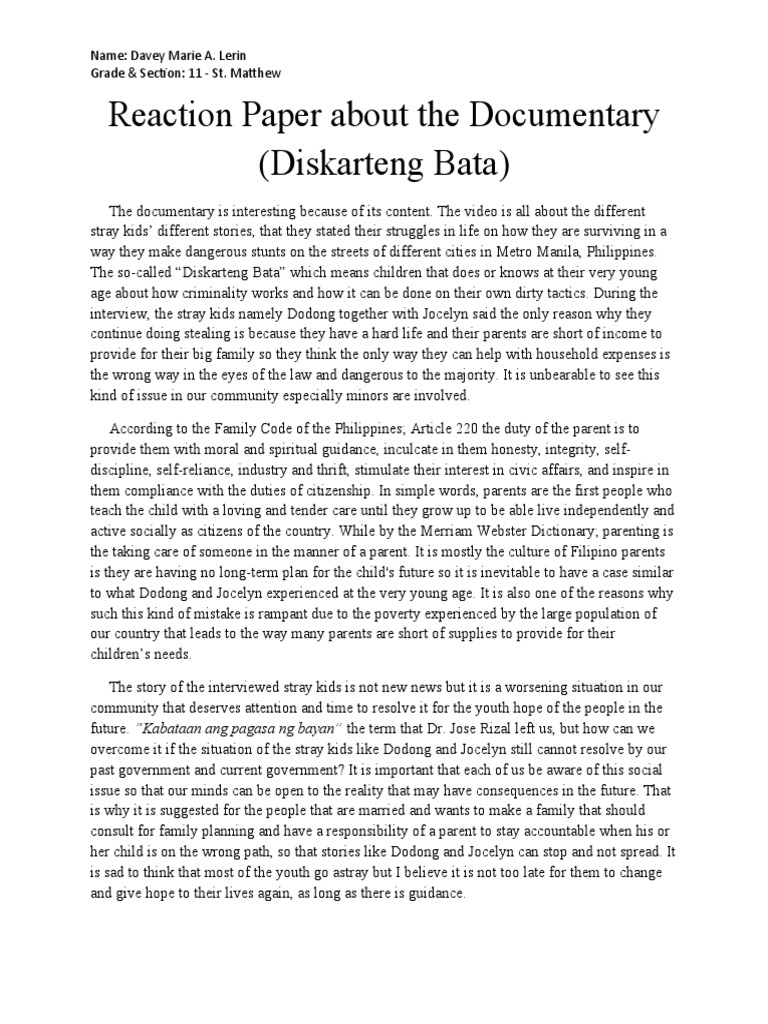 Reaction Paper About The Documentary (Diskarteng Bata) | PDF | Social ...