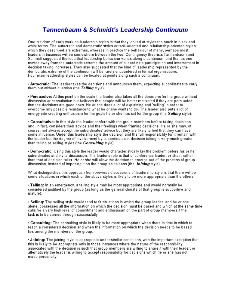 Tannenbaum & Schmidt Leadership Continuum | PDF | Leadership ...