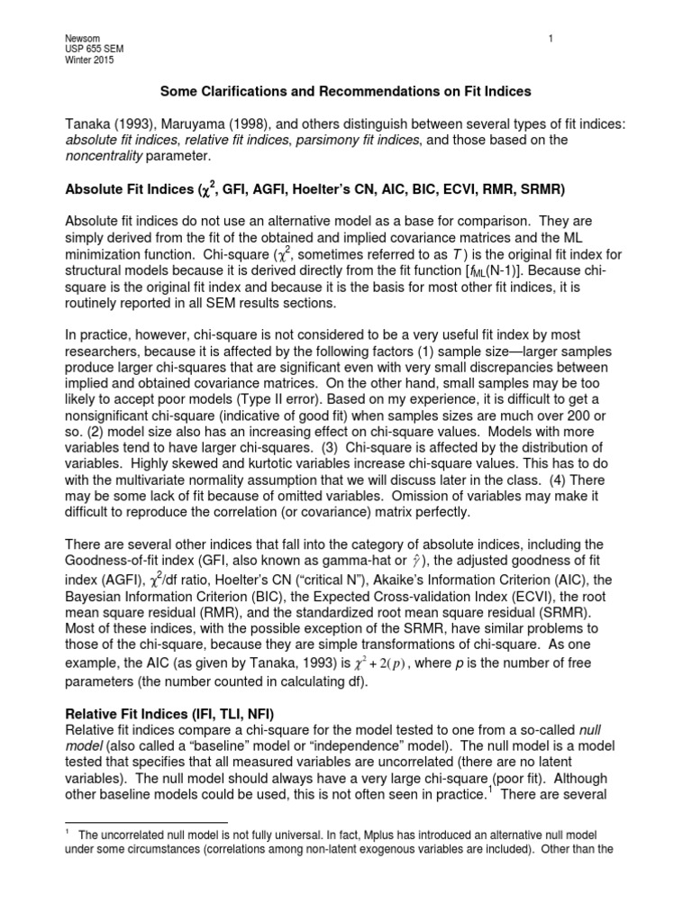 Absolute Fit Indices, Relative Fit Indices, Parsimony Fit Indices, and Those Based On The ...