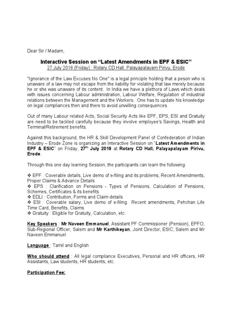 Interactive Session On "Latest Amendments in EPF & ESIC" | PDF ...