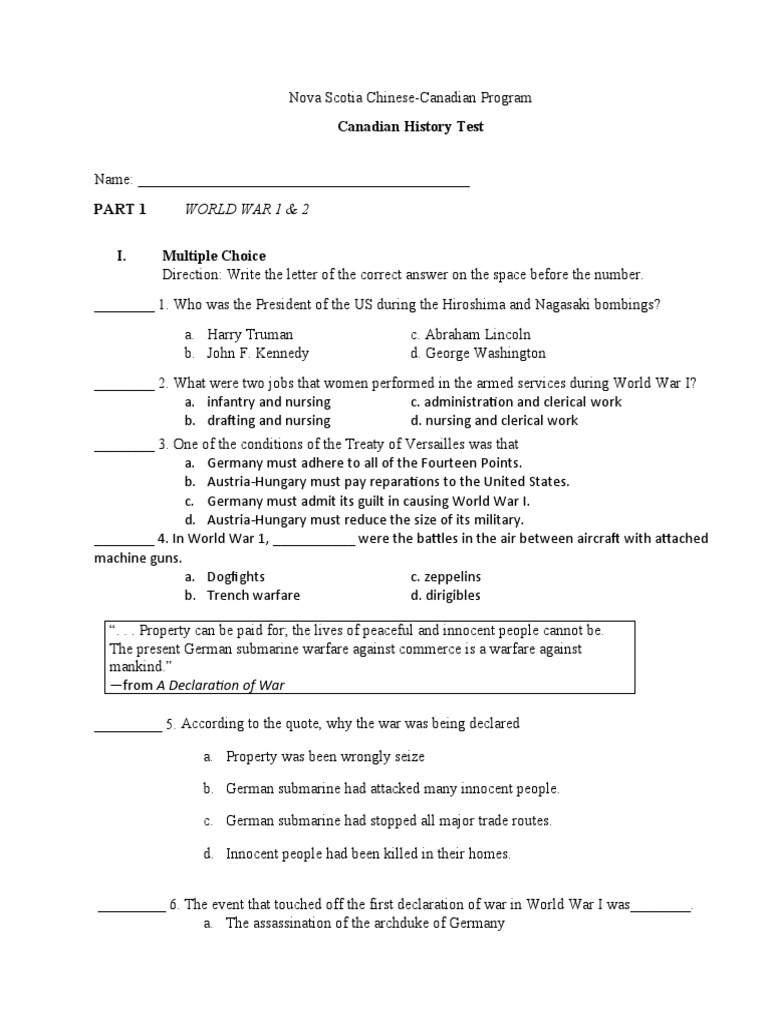 Grade 11 Canadian History Test | PDF | Cold War | World War I
