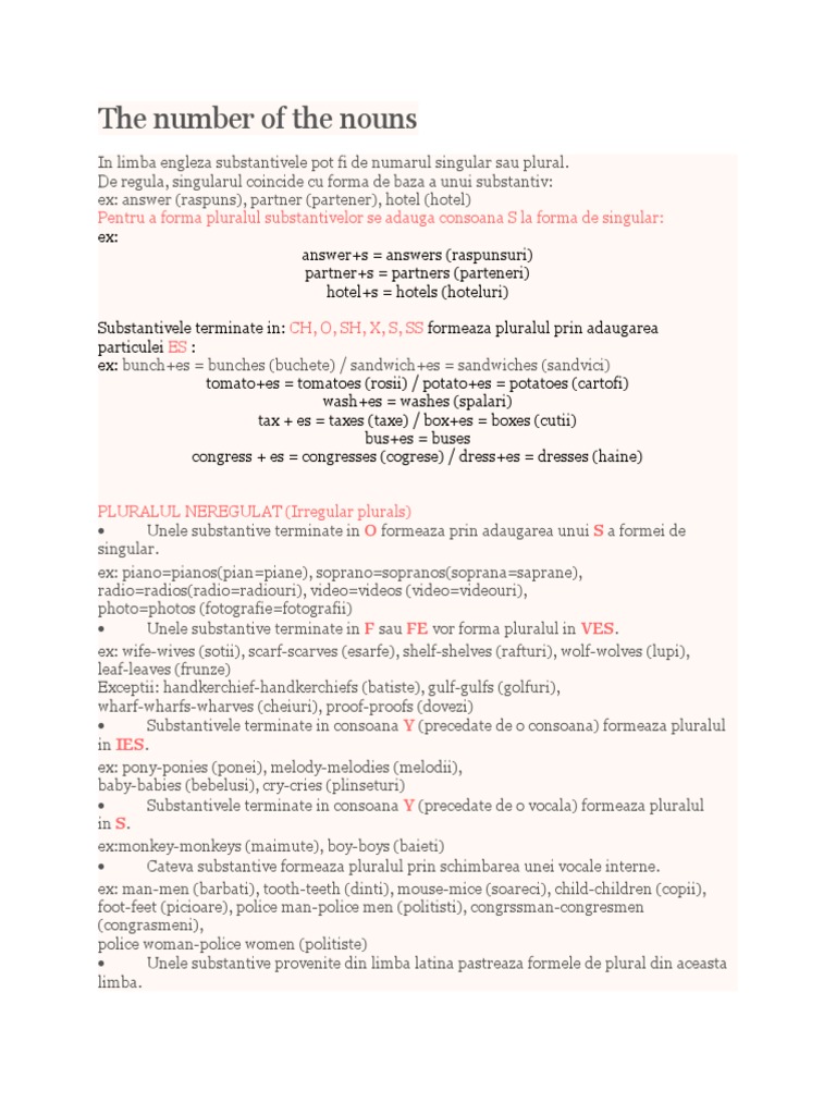 The Number of The Nouns: Pentru A Forma Pluralul Substantivelor Se ...