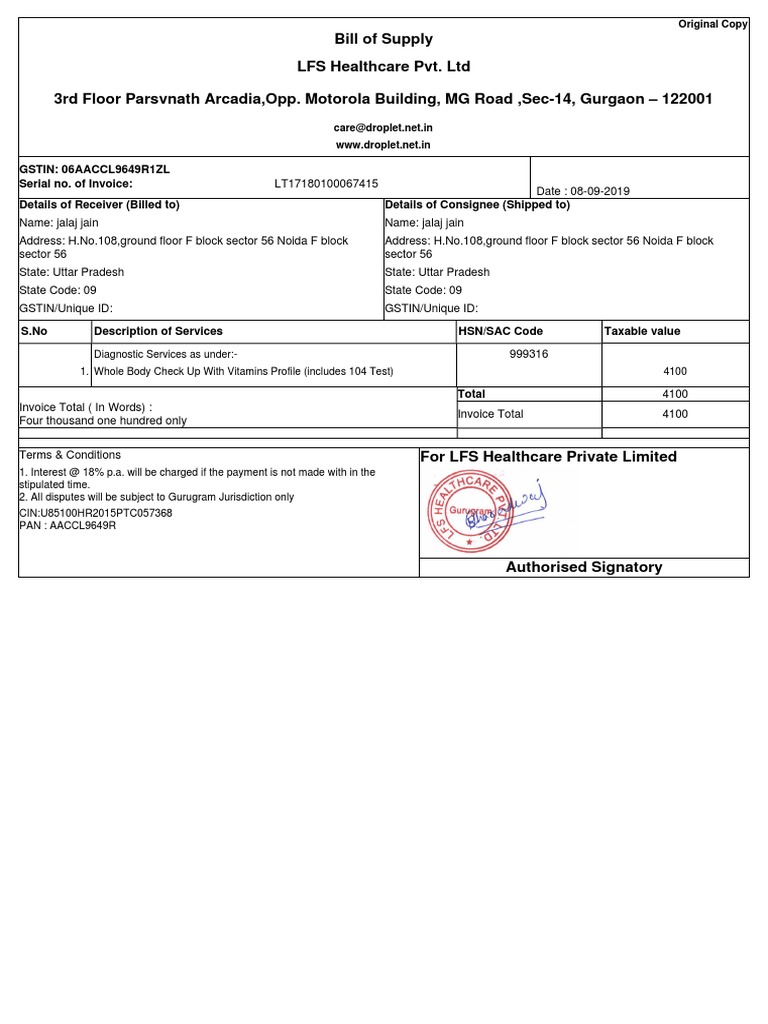 An Invoice for Diagnostic Services Provided to a Customer | PDF | Business