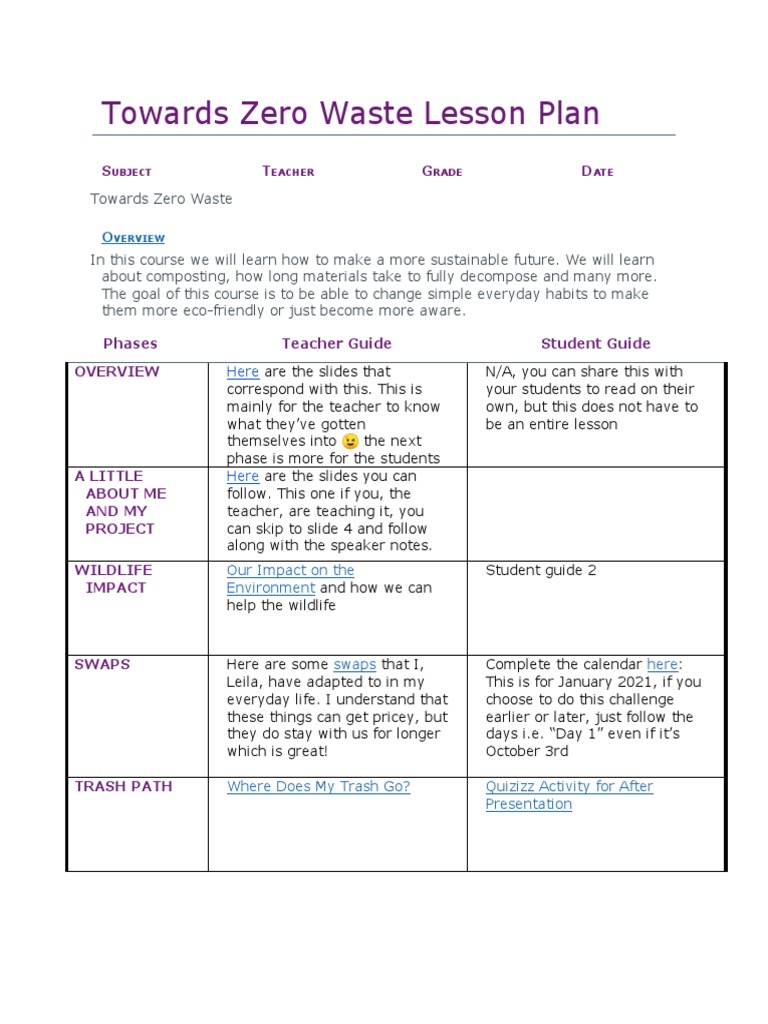 lp00 Towards Zero Waste Lesson Plan | PDF | Lesson Plan | Pedagogy