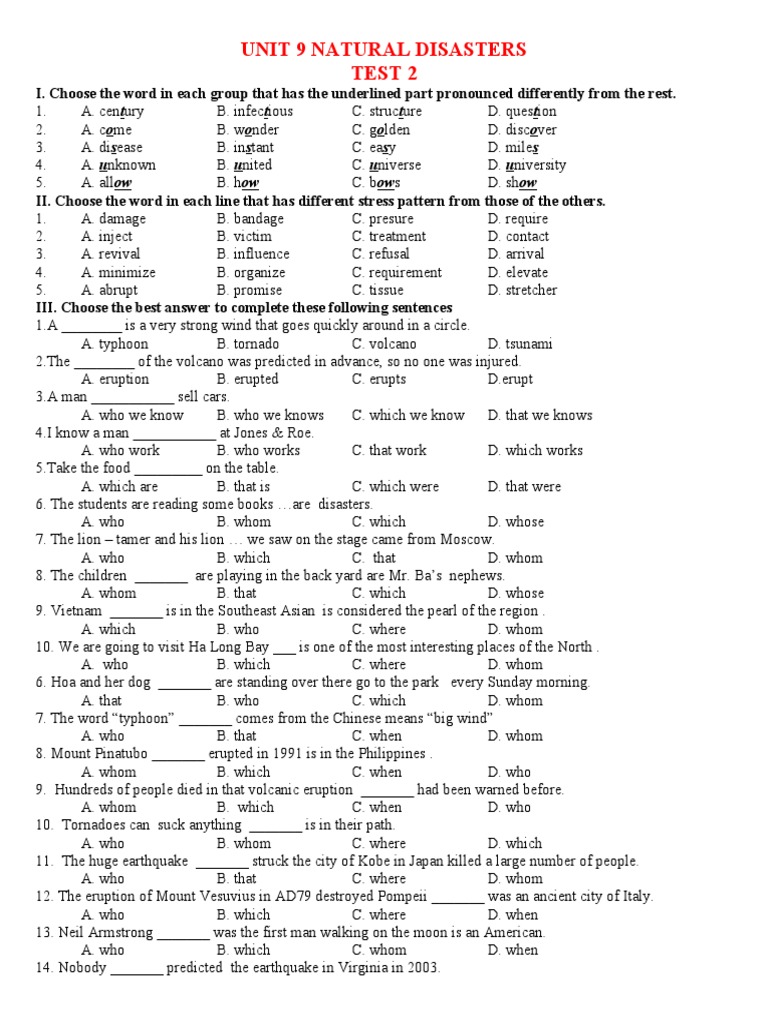 Unit 9 Natural Disasters Test 2 | PDF | Supermarket | Volcano