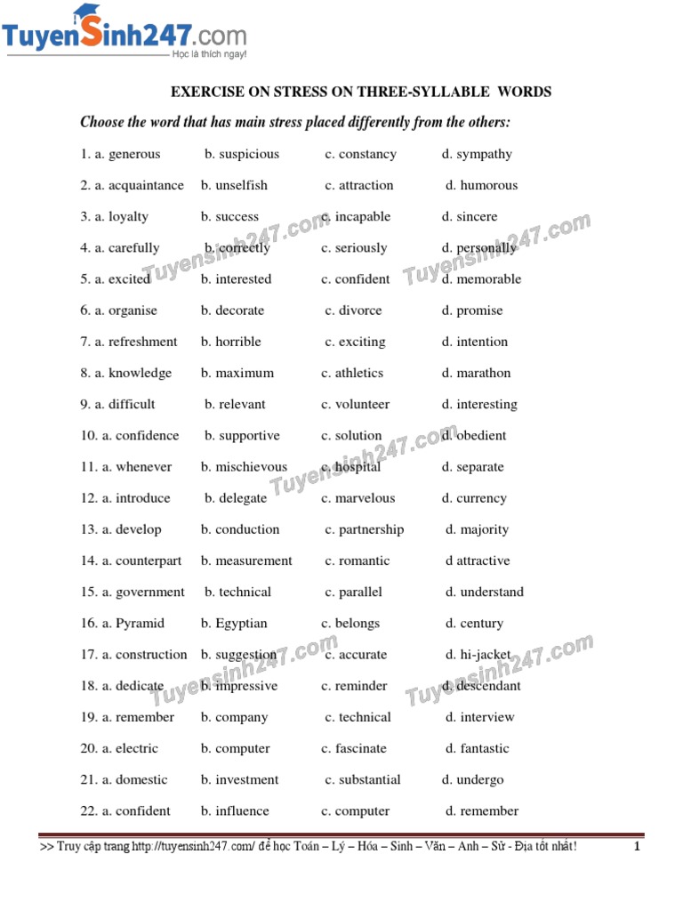 Stress Placement in Three-Syllable Words: An Exercise to Identify Words with Differing Main ...
