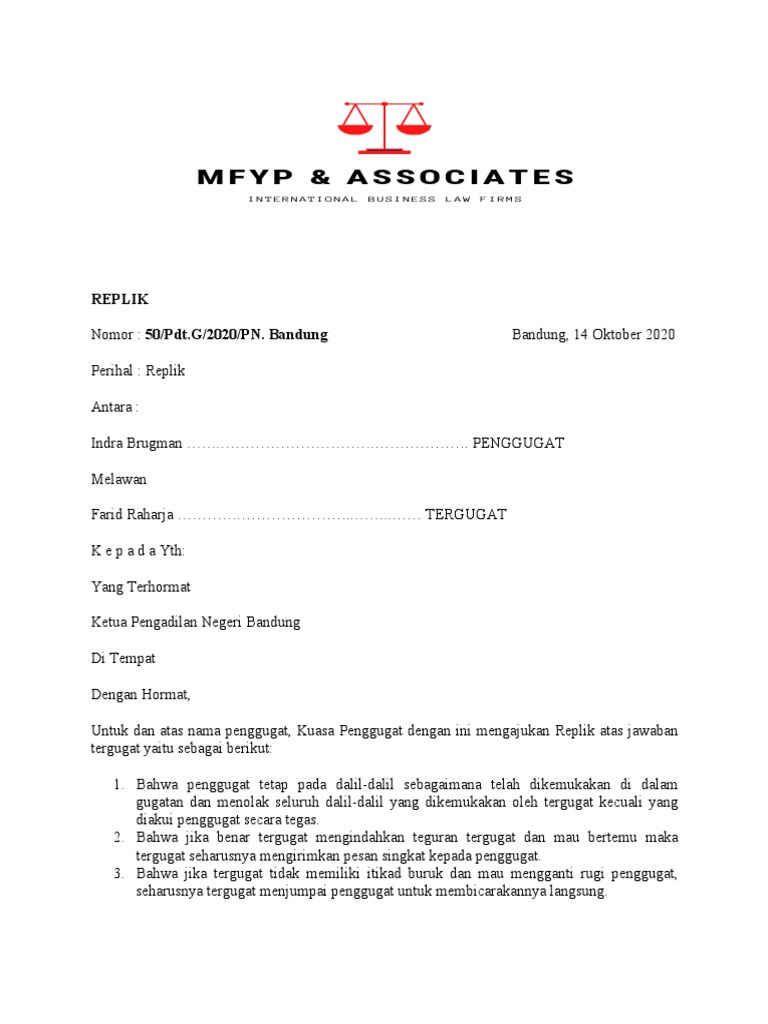Contoh Replik dan Duplik Perdata | PDF | Pengelolaan Keuangan & Uang ...