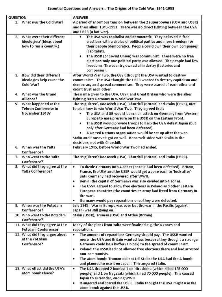 Essential Questions and Answers The Origins of The Cold War, 1941-1958 ...