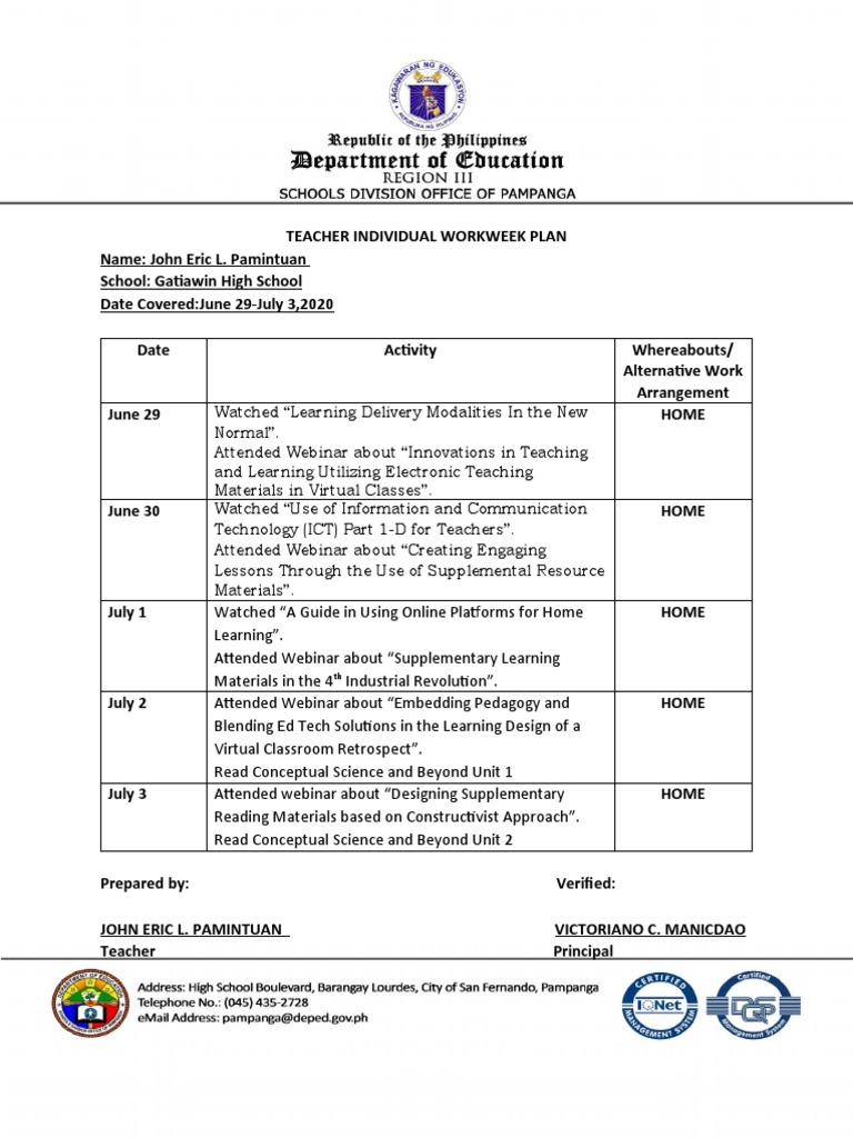 Individual-Workweek-Plan-Accomplishment-June 29 July 3 | PDF | Educational Technology | Behavior ...